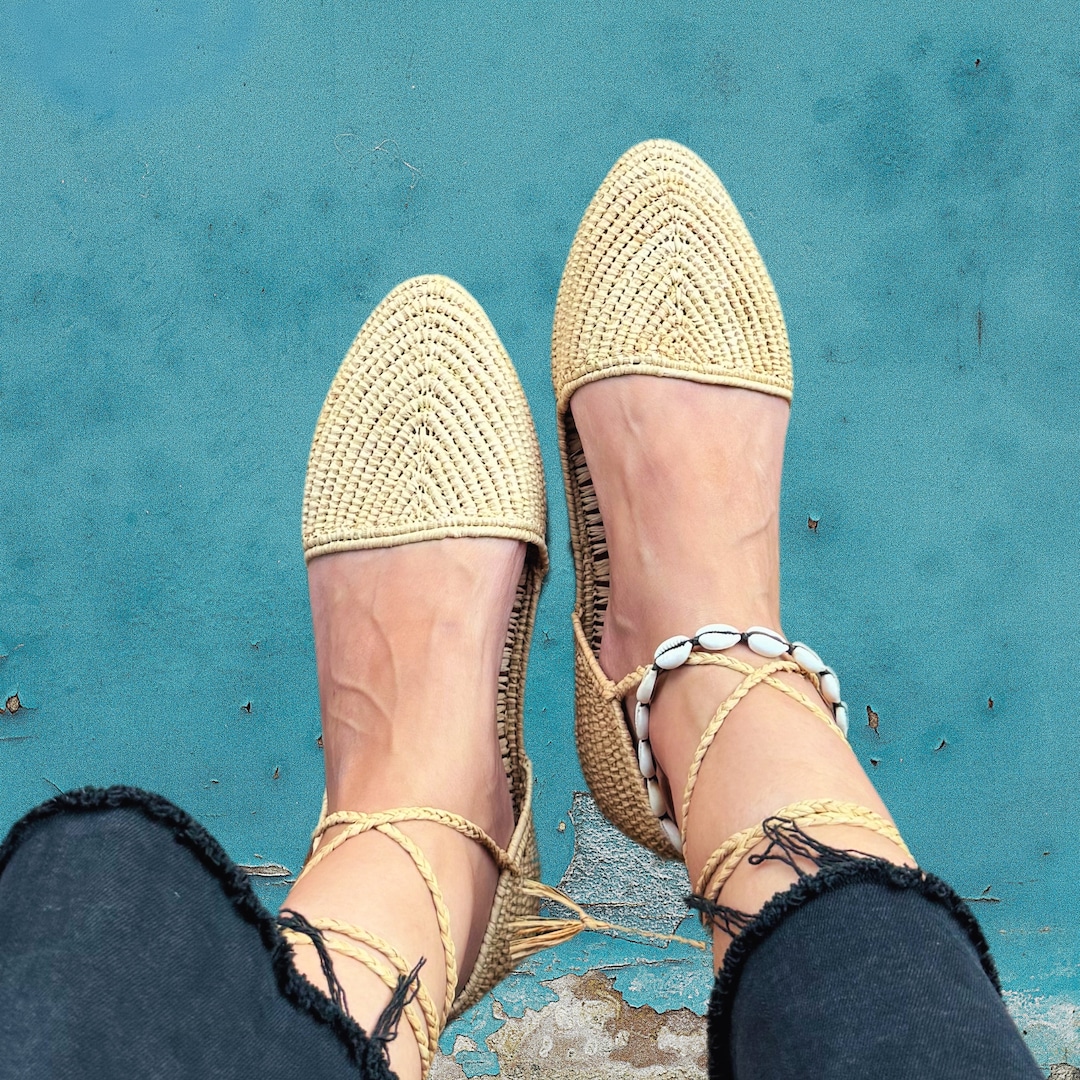 Handmade Moroccan Raffia Sandals, Raffia Ballerinas, Lace up Sandals ...