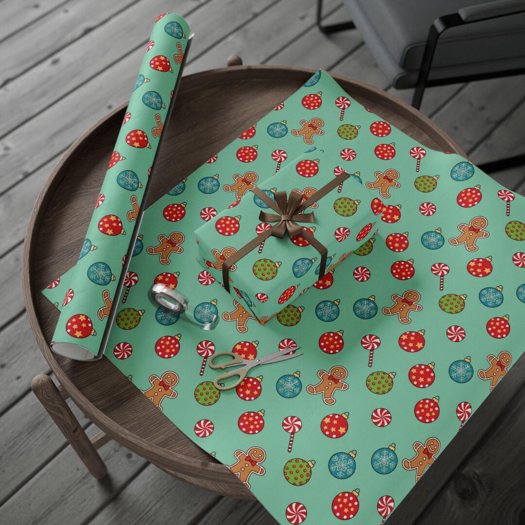 Gingerbread Man Christmas Wrapping Paper, Holiday Bauble Paper, Cute ...