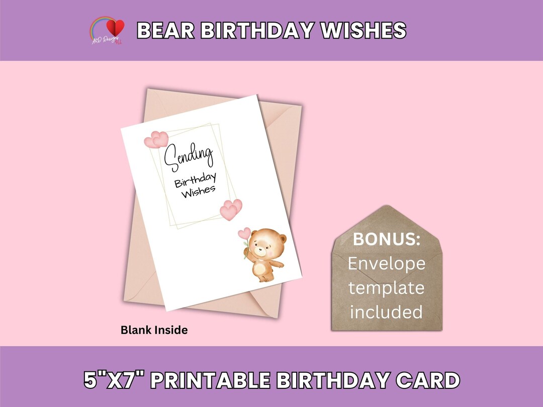 5x7 Printable Cute Teddy Bear Birthday Card, Blank Inside - Etsy