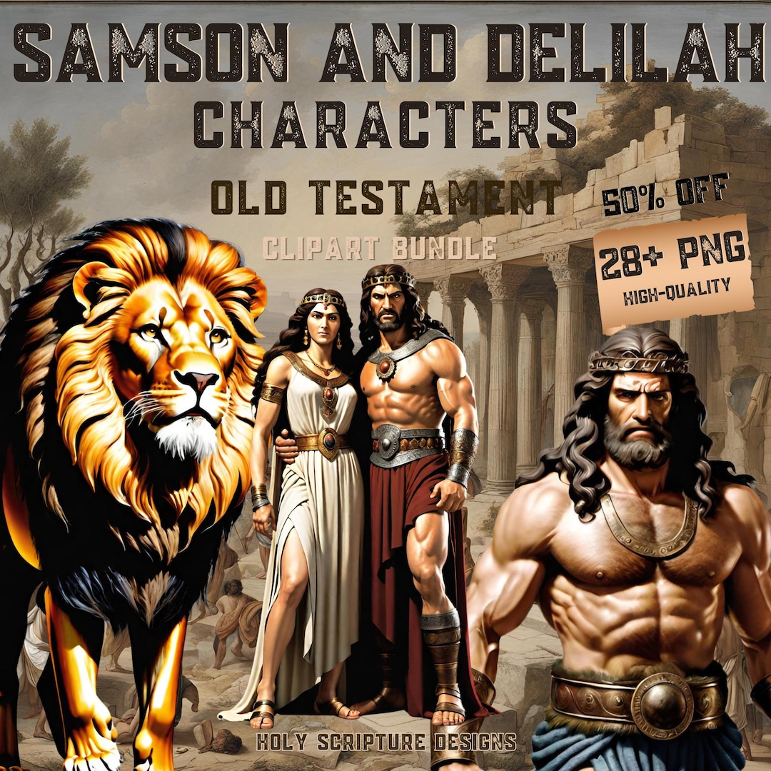 Samson and Delilah Clipart: Bible Story PNG Illustrations (digital ...