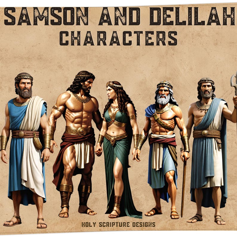 Samson and Delilah Clipart: Bible Story PNG Illustrations (digital ...