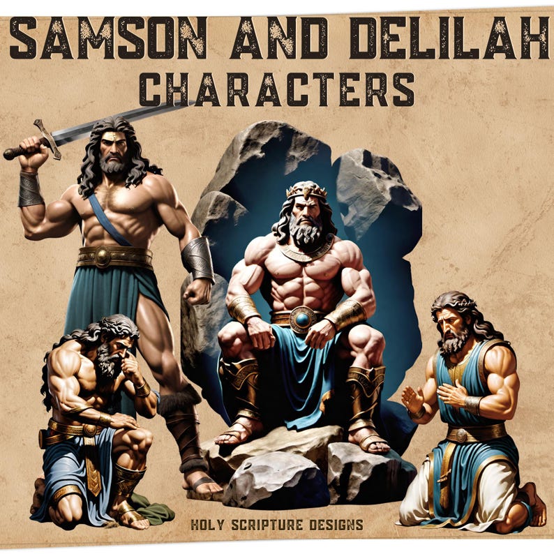 Samson and Delilah Clipart: Bible Story PNG Illustrations (digital ...