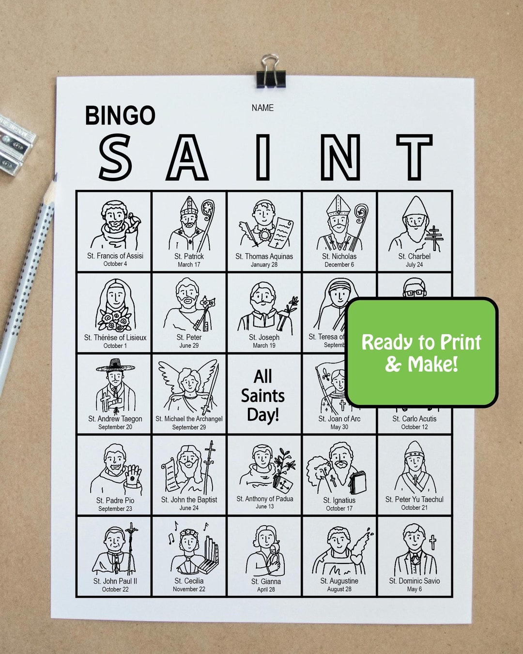 Saint Bingo Activity for Kids, Printable Cards to Color for Fun ...