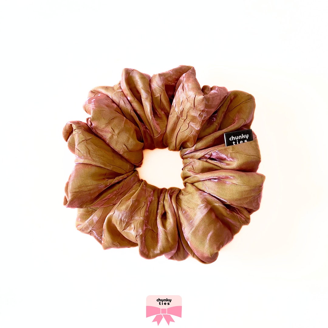 Peachy Pink and Gold Scrunchie Hair Tie, Pink Crinkle Taffeta Hair ...