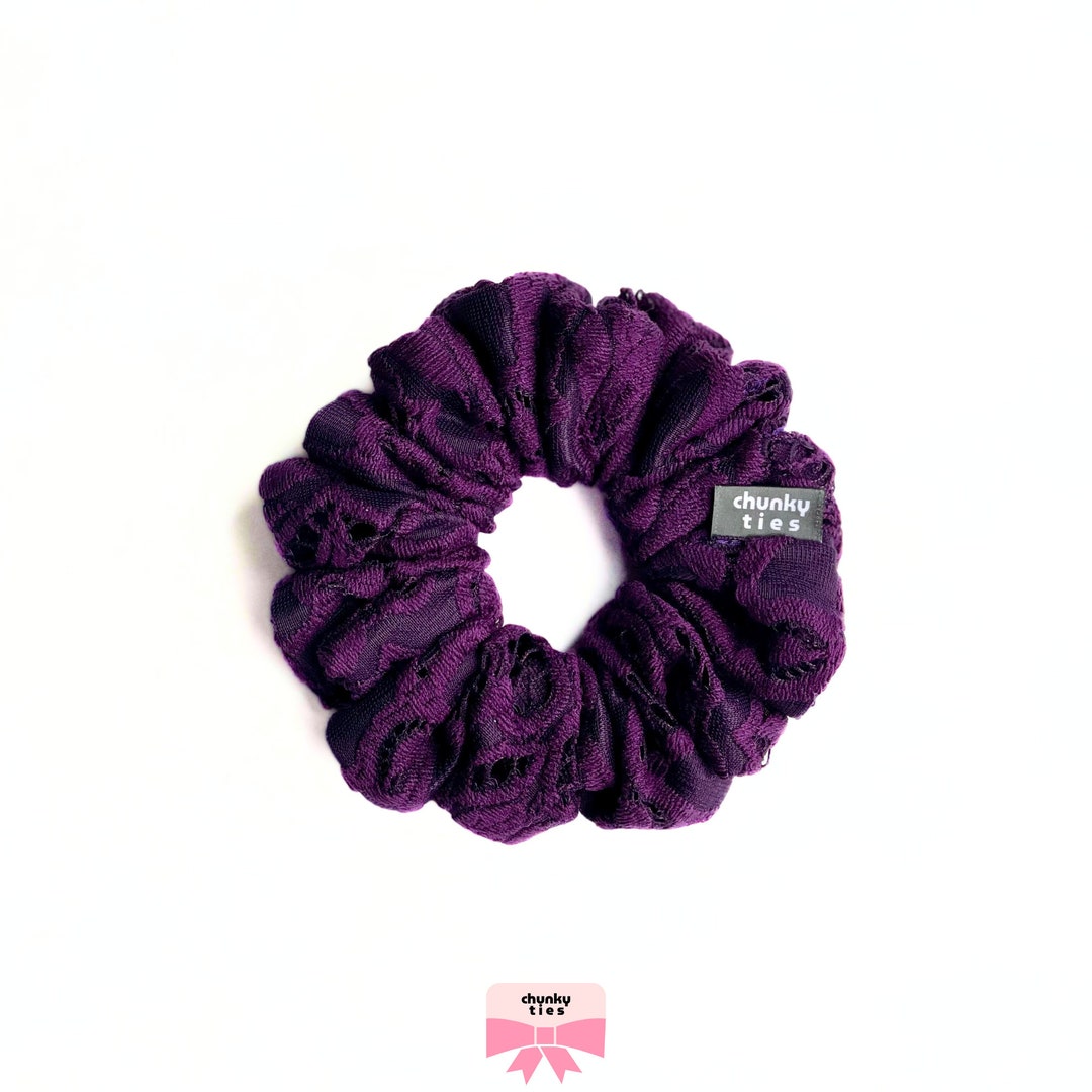 Dark Purple Floral Stretch Lace Hair Scrunchie, Regular Size Chunky ...