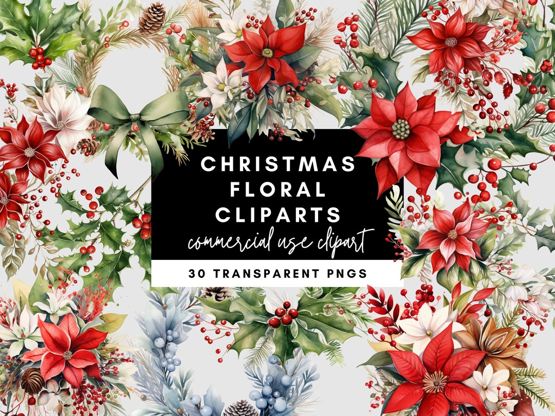 Christmas Floral Clipart PNG, Holly and Poinsettia Bouquet, Watercolour ...