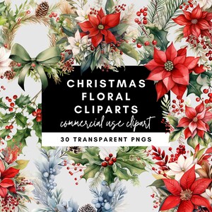 Christmas Floral Clipart PNG, Holly and Poinsettia Bouquet, Watercolour ...