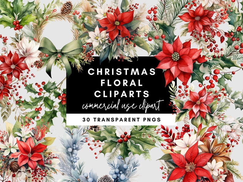 Christmas Floral Clipart PNG, Holly and Poinsettia Bouquet, Watercolour ...
