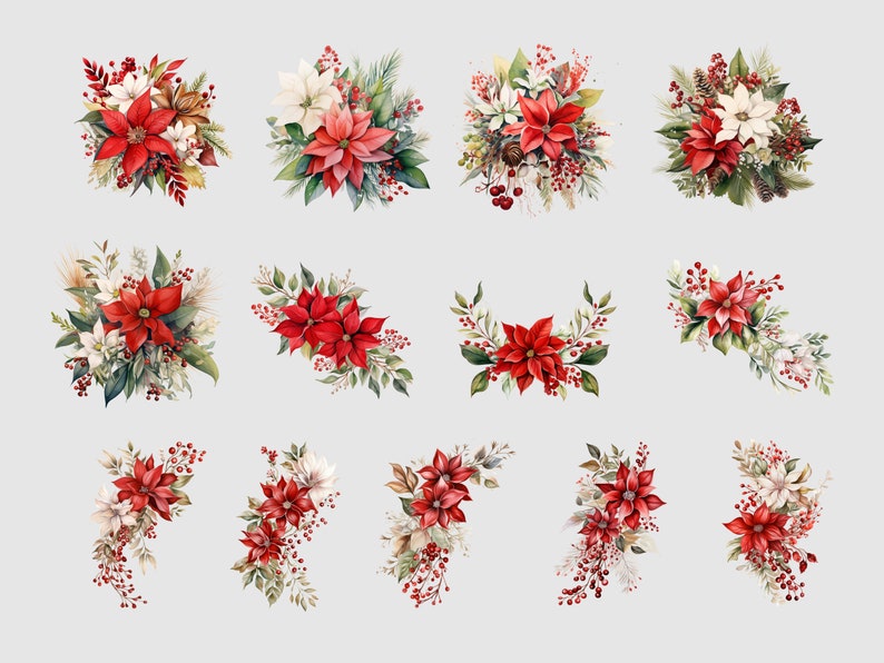 Christmas Floral Clipart PNG, Holly and Poinsettia Bouquet, Watercolour ...