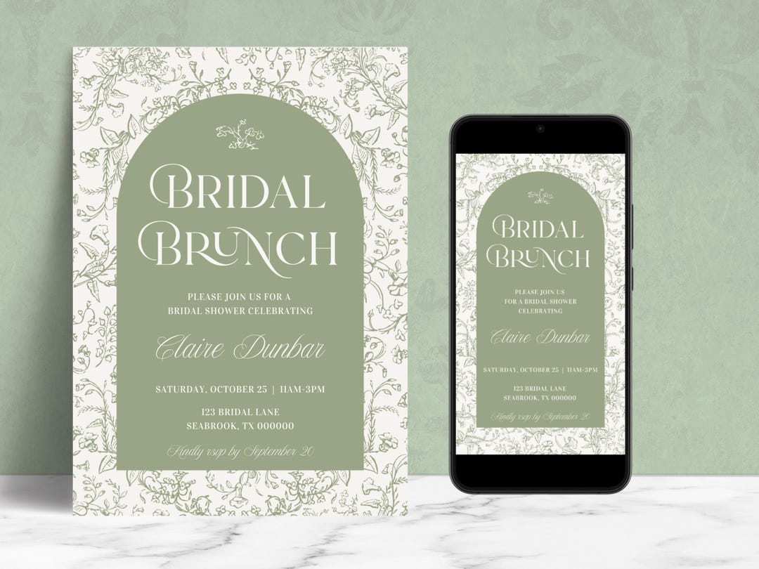 EDITABLE Green Chinoiserie, Vintage Floral Toile, Bridal Shower Brunch ...