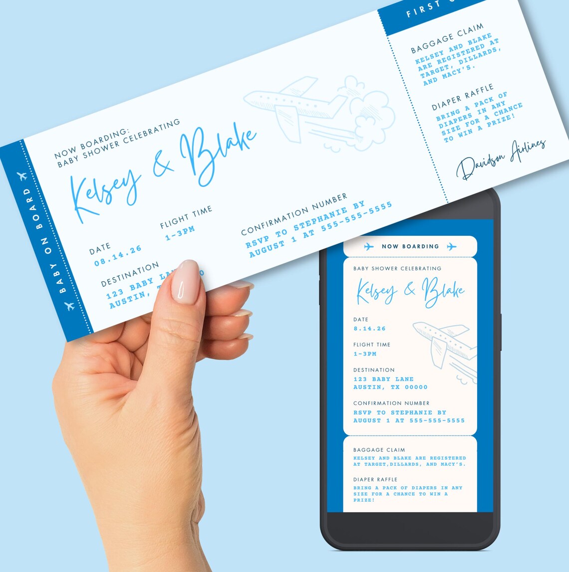 Blue Boarding Pass Baby Shower Airplane Ticket Invitation TEMPLATE ...