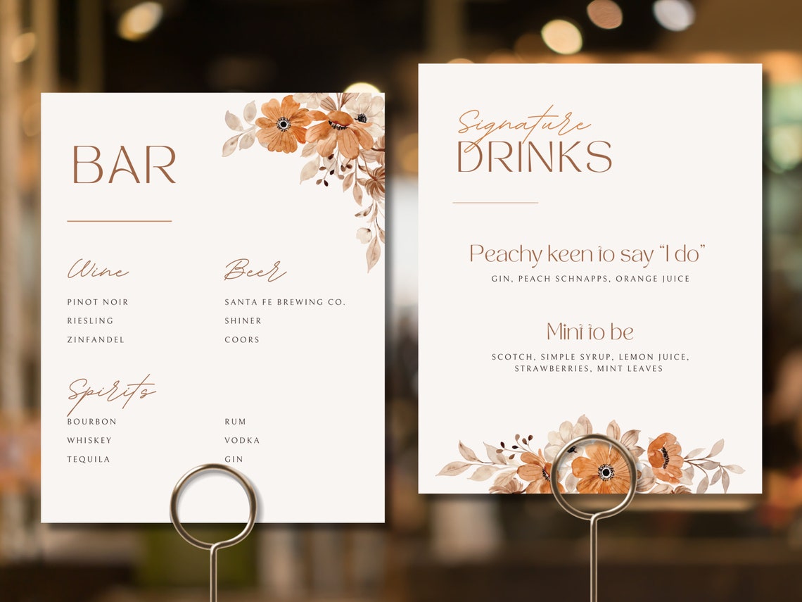Boho Bar Menu Signs EDITABLE Templates, Signature Drinks, Cocktails ...