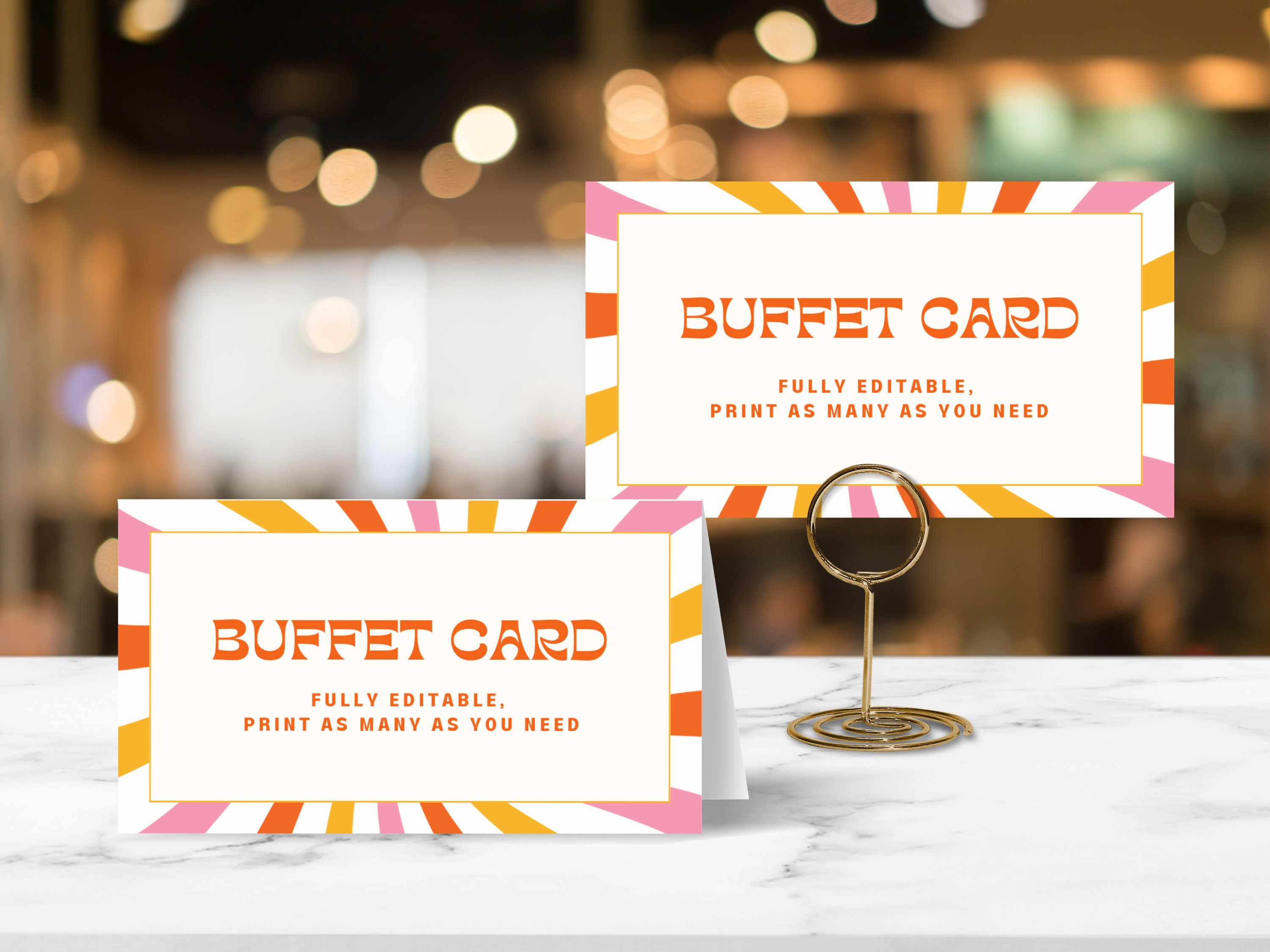 EDITABLE Party Buffet Cards, Retro Sun Rays, Tented + Flat DIGITAL Food ...
