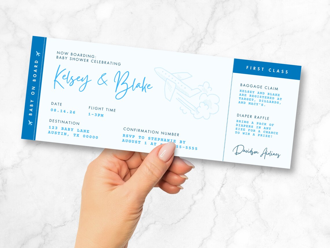 Blue Boarding Pass Baby Shower Airplane Ticket Invitation TEMPLATE ...