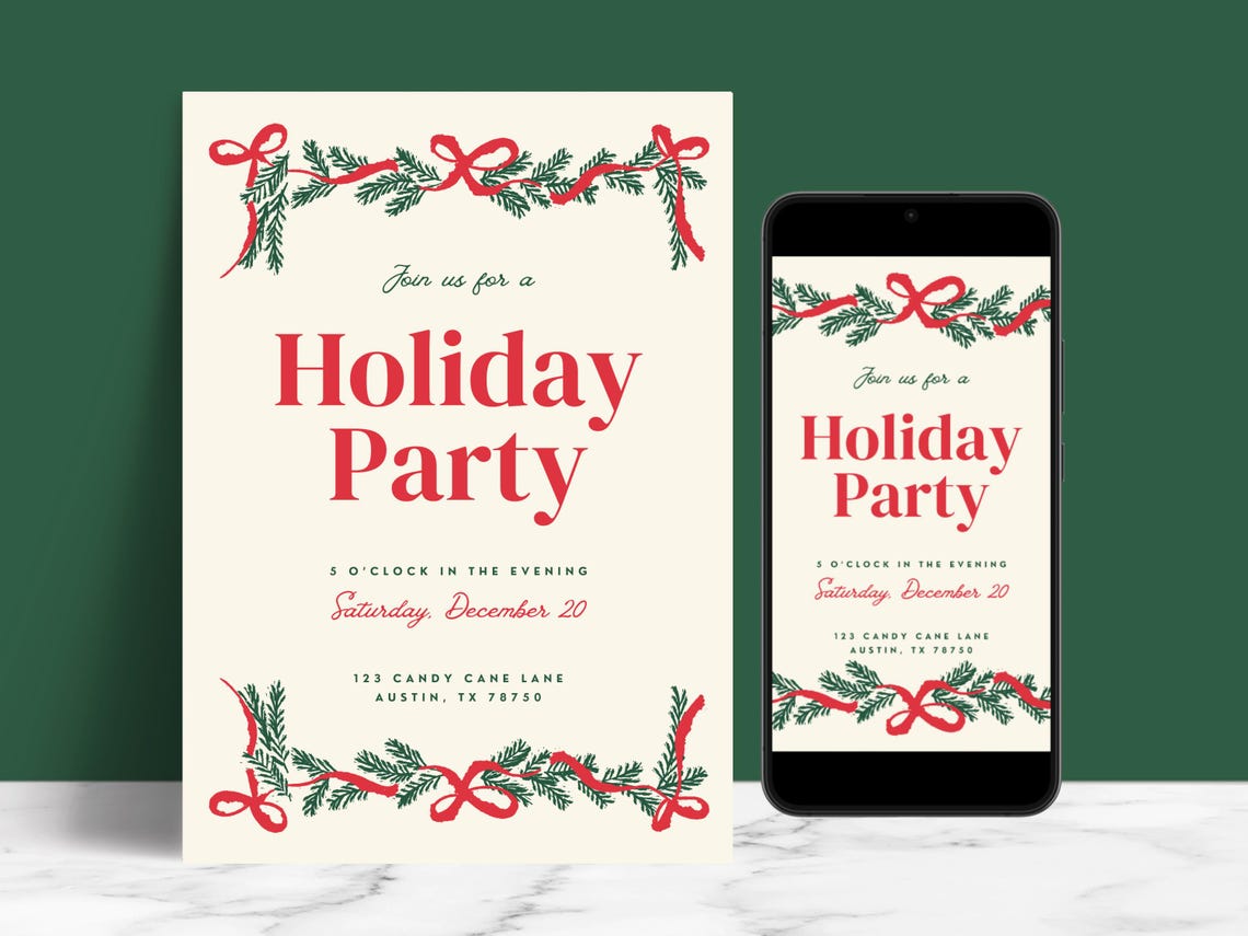 Editable Holiday Party Invitation Template, Christmas Wreath and Red ...