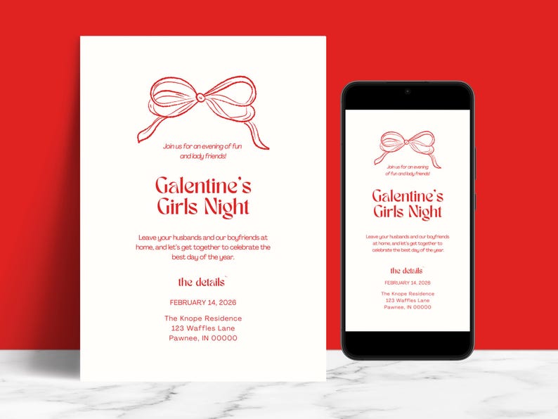 Editable Galentine's Day Party Invitation Template, Red Bow Drawing ...