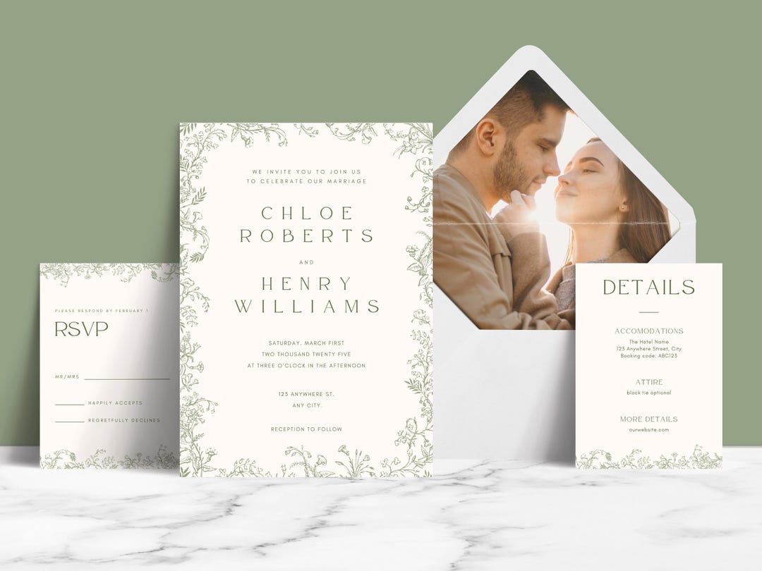 EDITABLE Green Toile Frame Wedding Invitation Templates Set ...