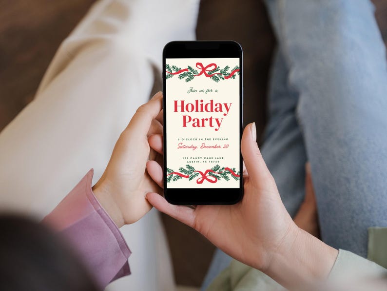 Editable Holiday Party Invitation Template, Christmas Wreath and Red ...