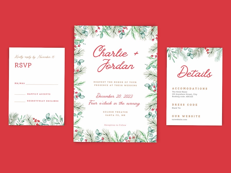 EDITABLE Classic Christmas Wedding Invitation Suite Templates, Winter ...