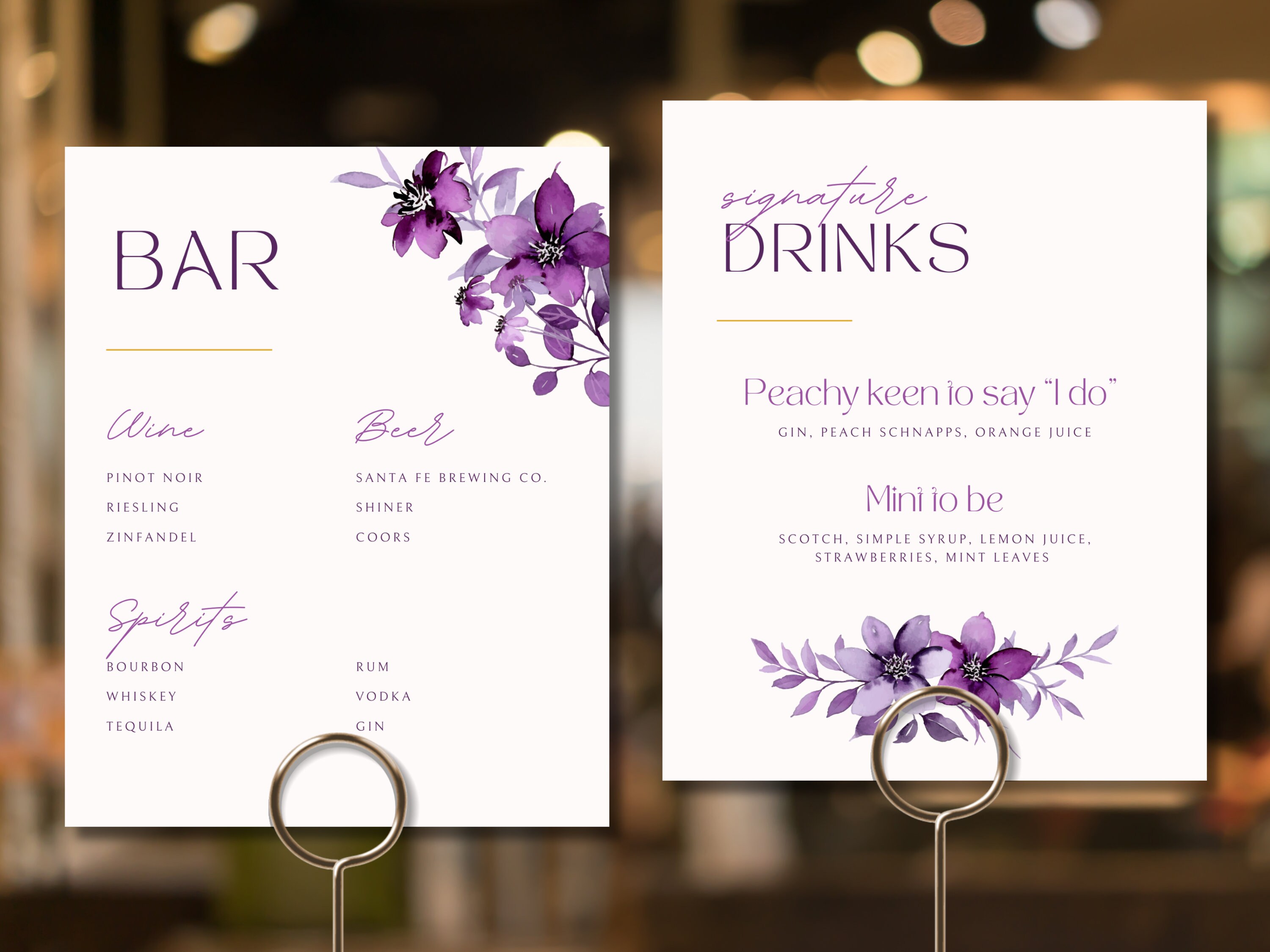 Purple Bar Menu Signs PRINTABLE Templates, Signature Drinks, Cocktails ...