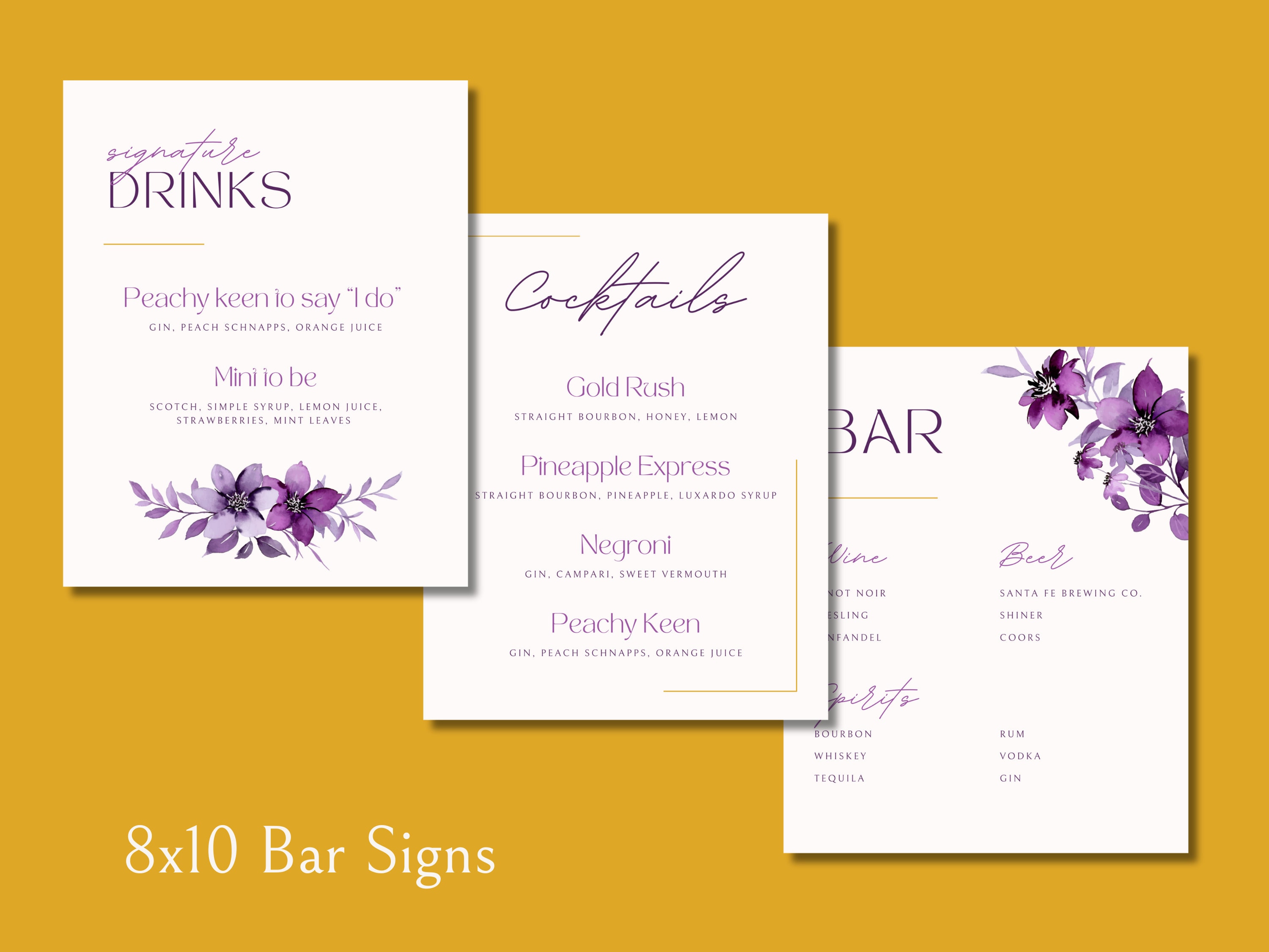 Purple Bar Menu Signs PRINTABLE Templates, Signature Drinks, Cocktails ...