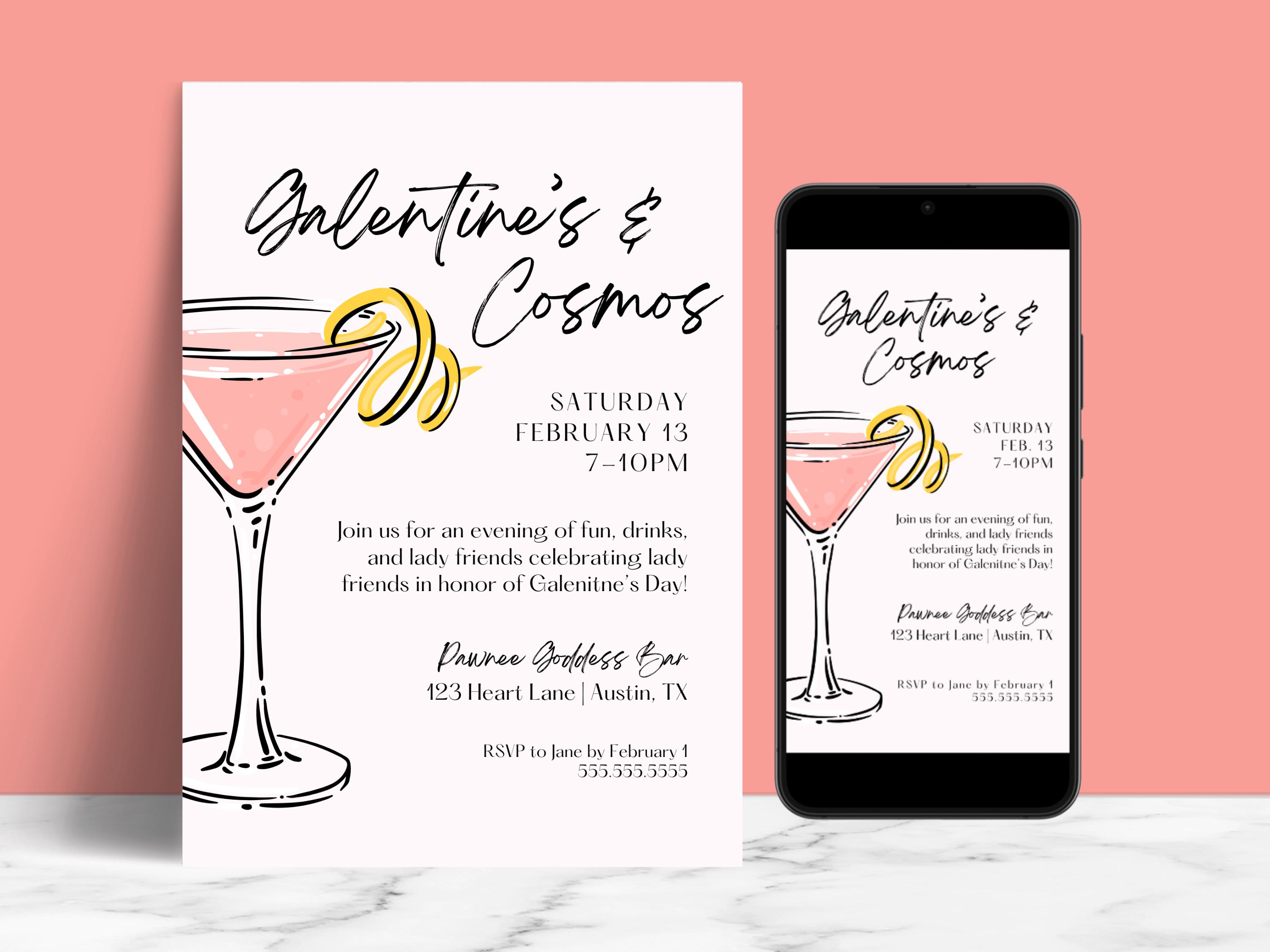 Editable Galentine's Cosmo Cocktails Party Invitation Template, Girls ...