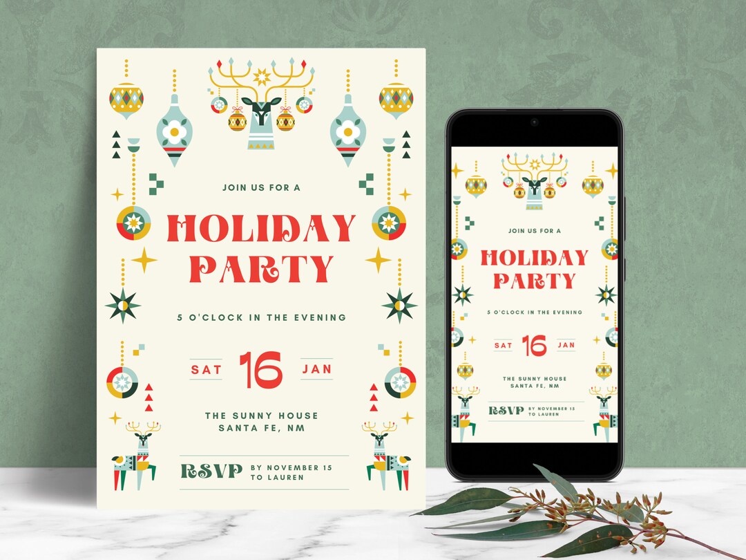 Editable Holiday Party Invitation Template, Digital Retro Scandinavian ...