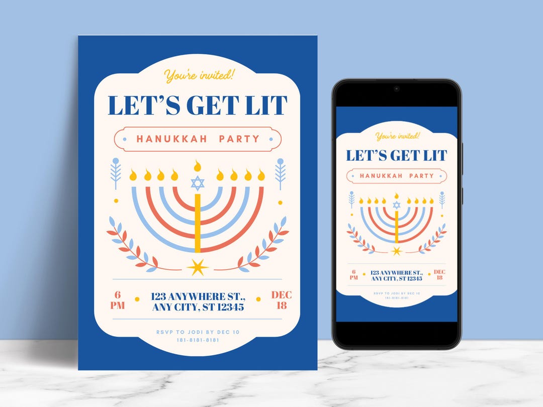 Printable Hanukkah Holiday Party Invitation Template, Editable Jewish ...