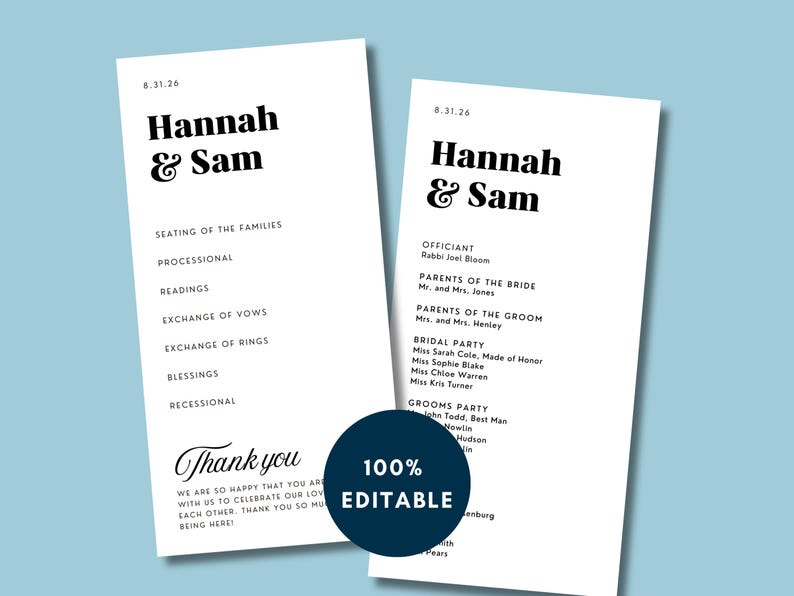 Minimal Modern Wedding Ceremony Program EDITABLE, Printable Template ...