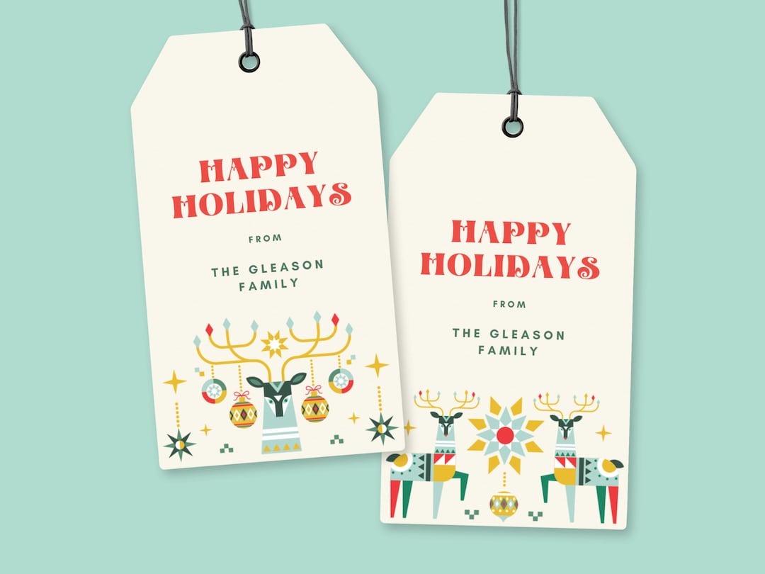Printable Holiday Editable Gift Tags, Retro Scandinavian, Nordic Folk ...