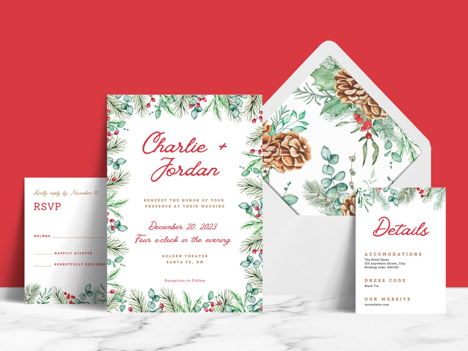 EDITABLE Classic Christmas Wedding Invitation Suite Templates, Winter ...