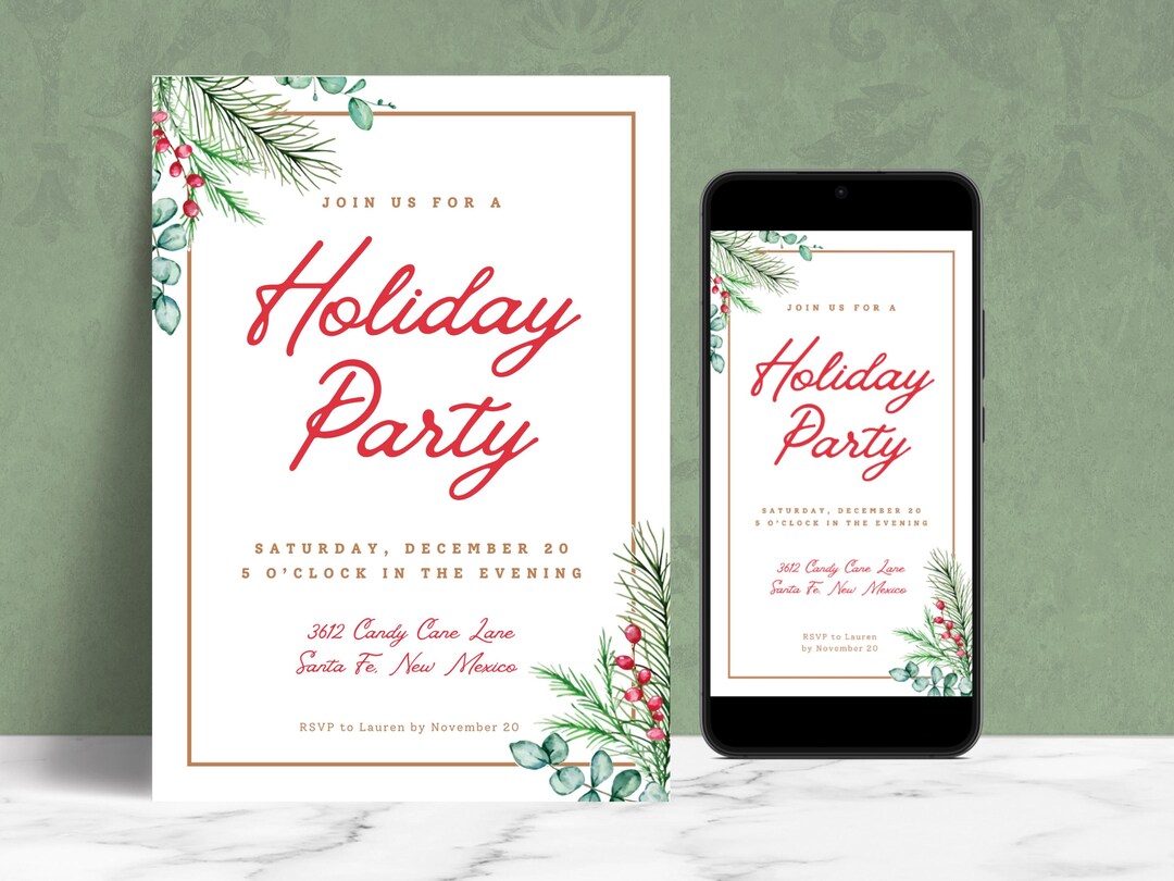 Editable Holiday Party Invitation Template, Classic Christmas Foliage ...
