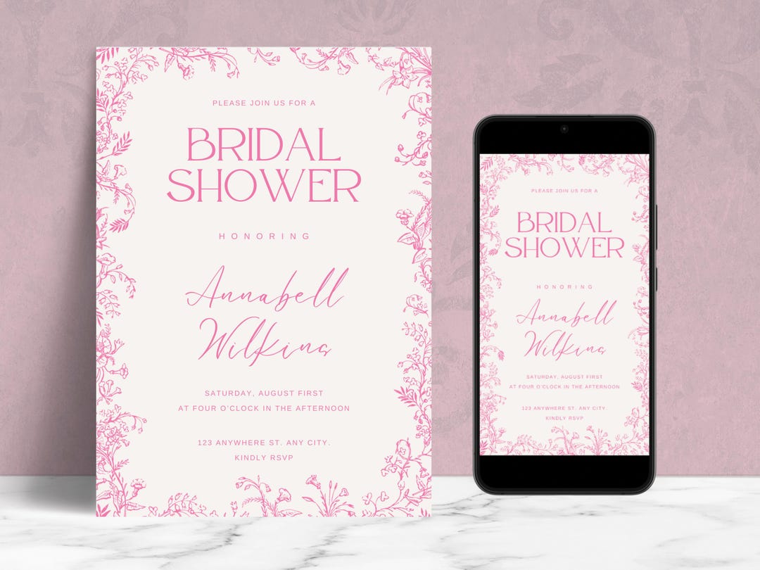 EDITABLE Pink Toile Bridal Shower Invitation Template, Vintage Floral ...