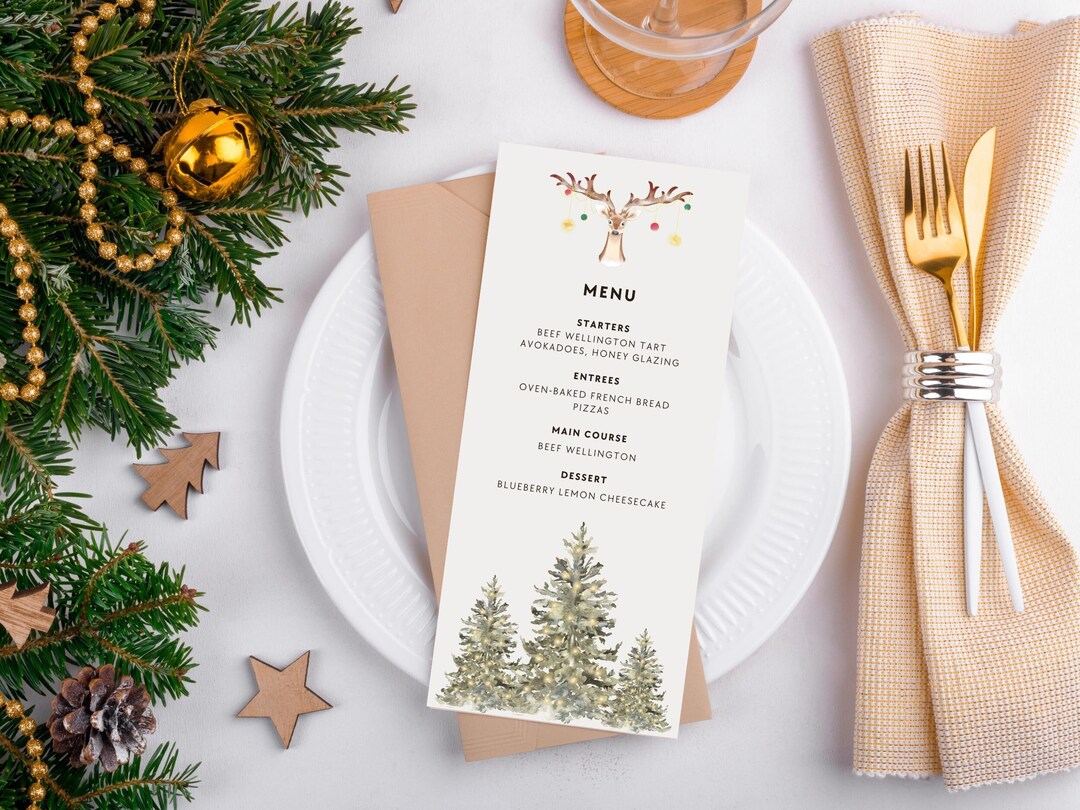 Watercolor Christmas Deer Menu Template Christmas Tree Editable Design ...