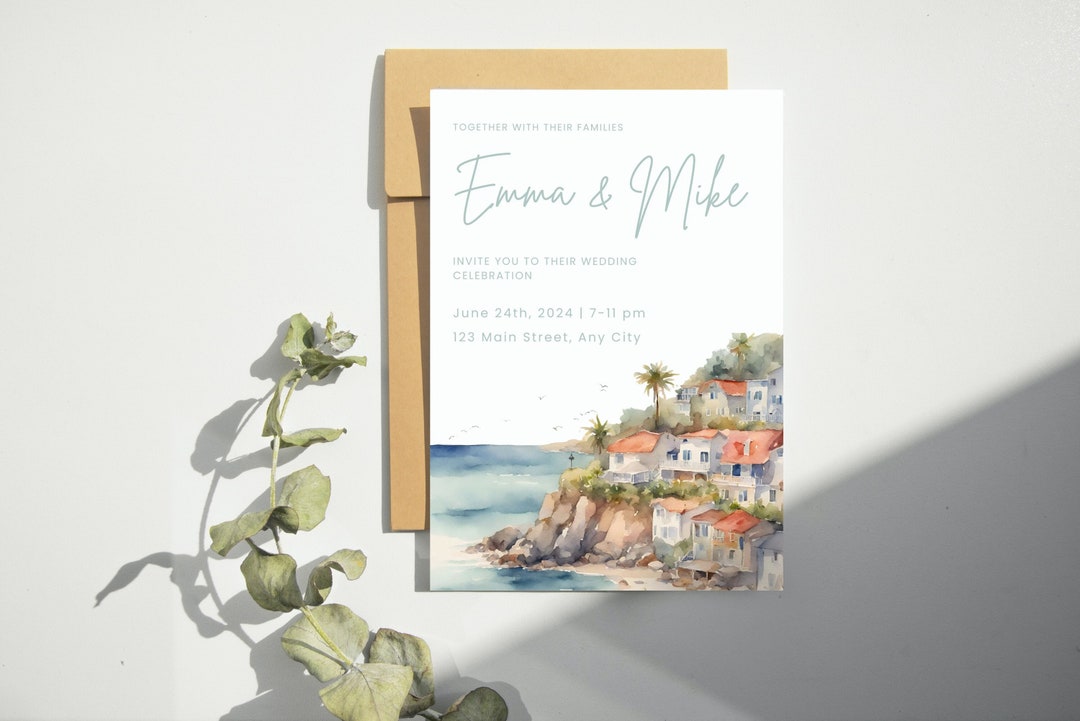 Coastal Watercolor Wedding Invitation Seaview Editable Template Big Sur ...