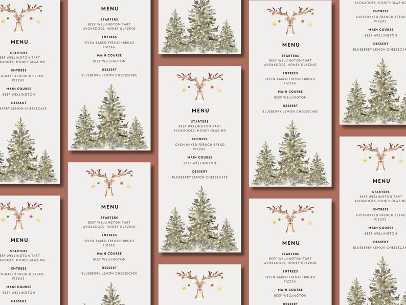 Watercolor Christmas Deer Menu Template Christmas Tree Editable Design ...