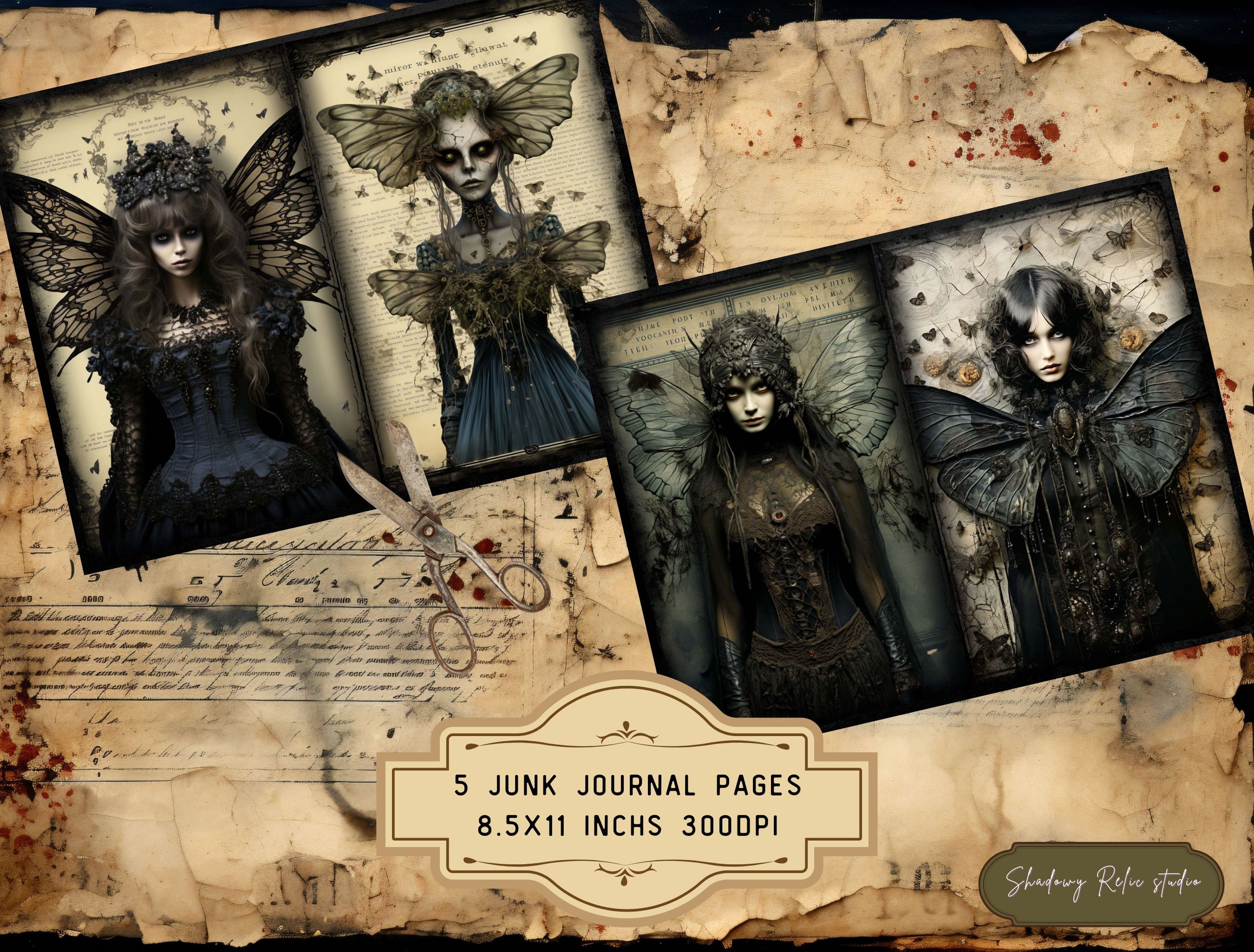 Gothic Moth Women Junk Journal Pages Dark Moth Butterfly Fantasy Junk Journal Kit Goth Digital ...