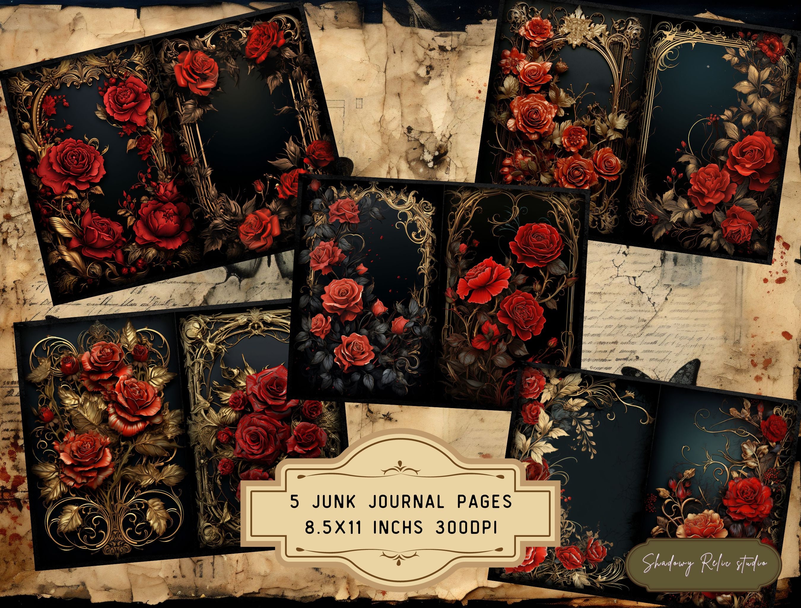 Gold and Red Roses Junk Journal Pages Gothic Collage Sheets ...