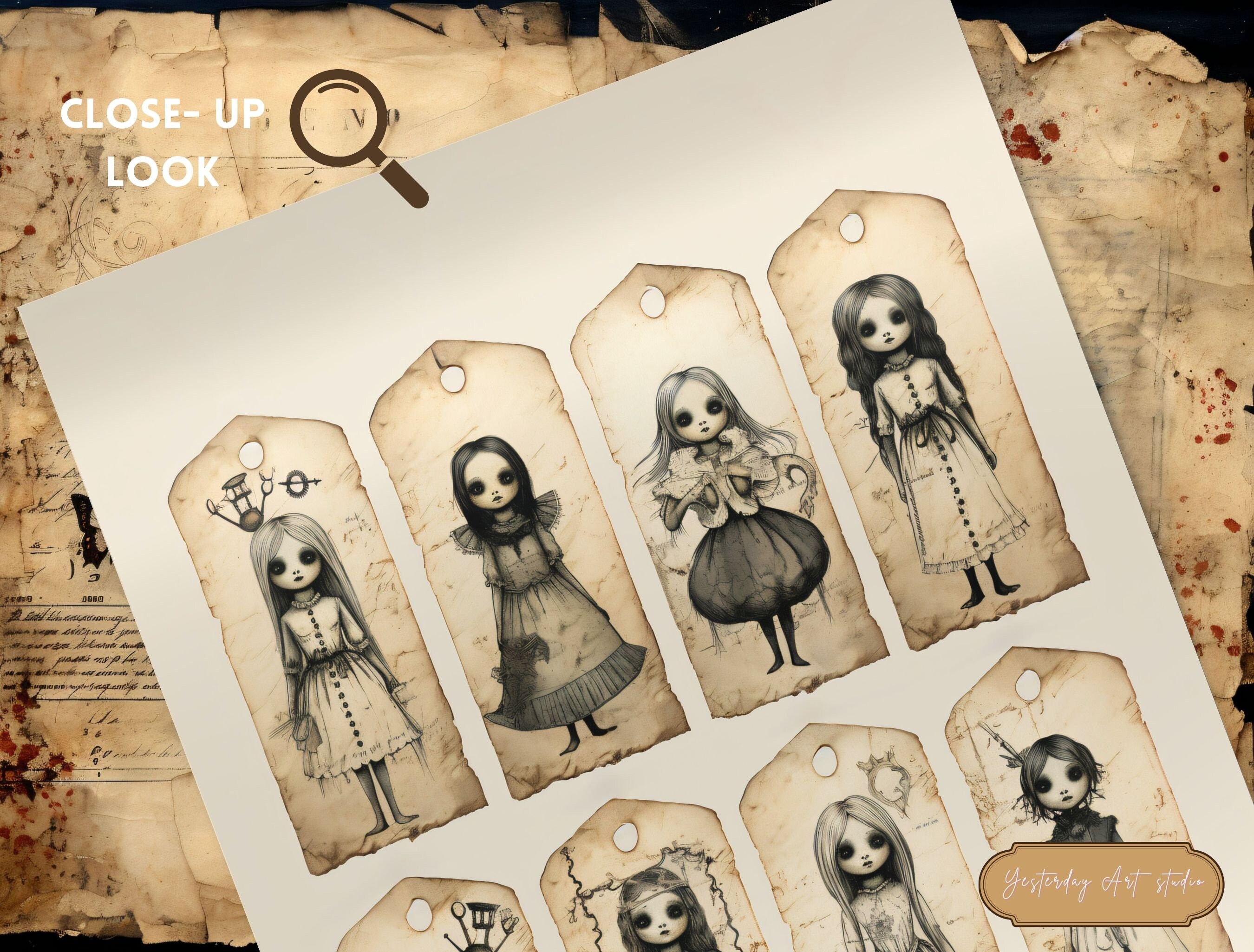 Creepy Doll Junk Journal Tags Labels Ephemera Printable Fussy Cut Craft ...