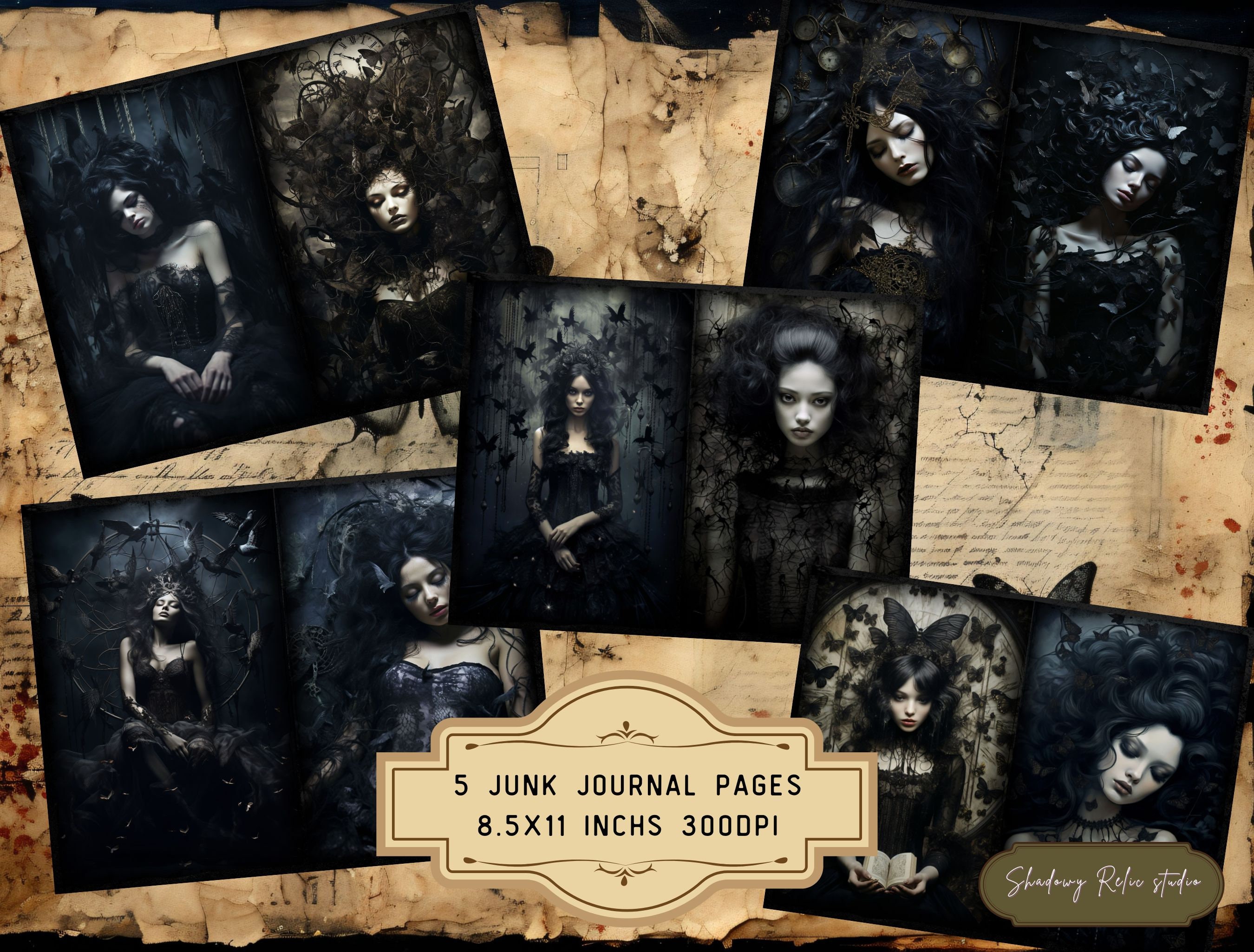 Black Dreams Junk Journal Pages Collage Sheets Scrapbooking Cards Dark ...