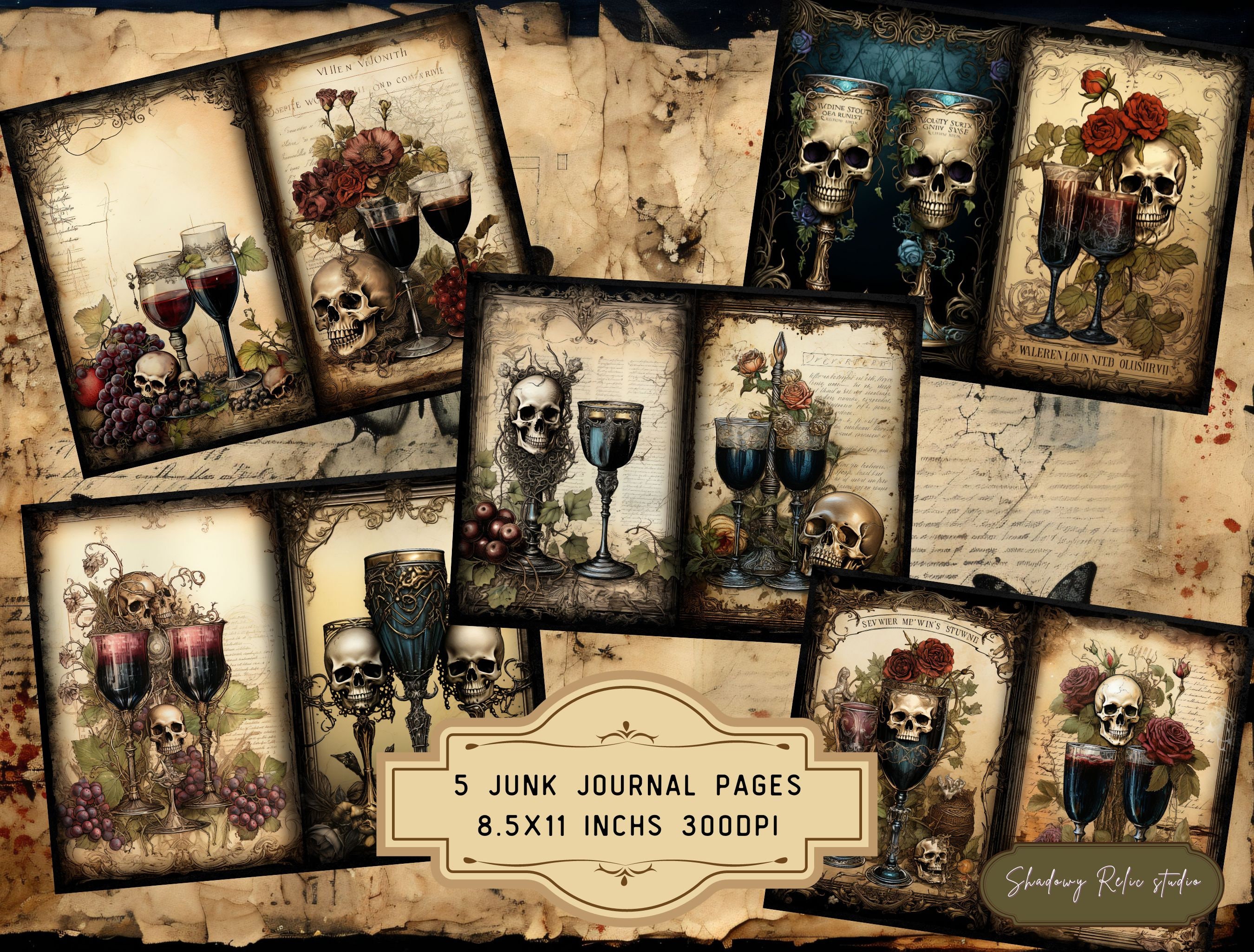 Gothic Wine Glasses Junk Journal Pages Gothic Printable Pages - Etsy
