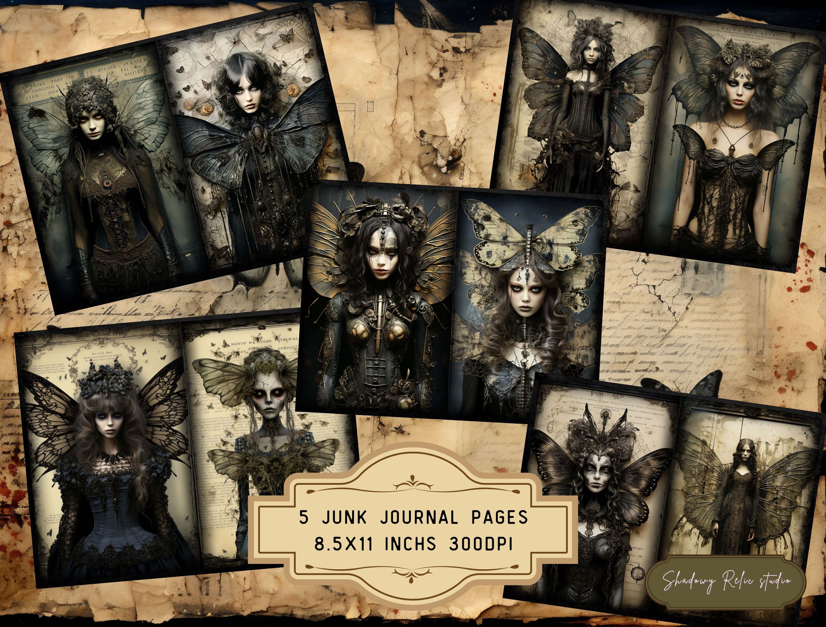Gothic Moth Women Junk Journal Pages Dark Moth Butterfly Fantasy Junk Journal Kit Goth Digital ...
