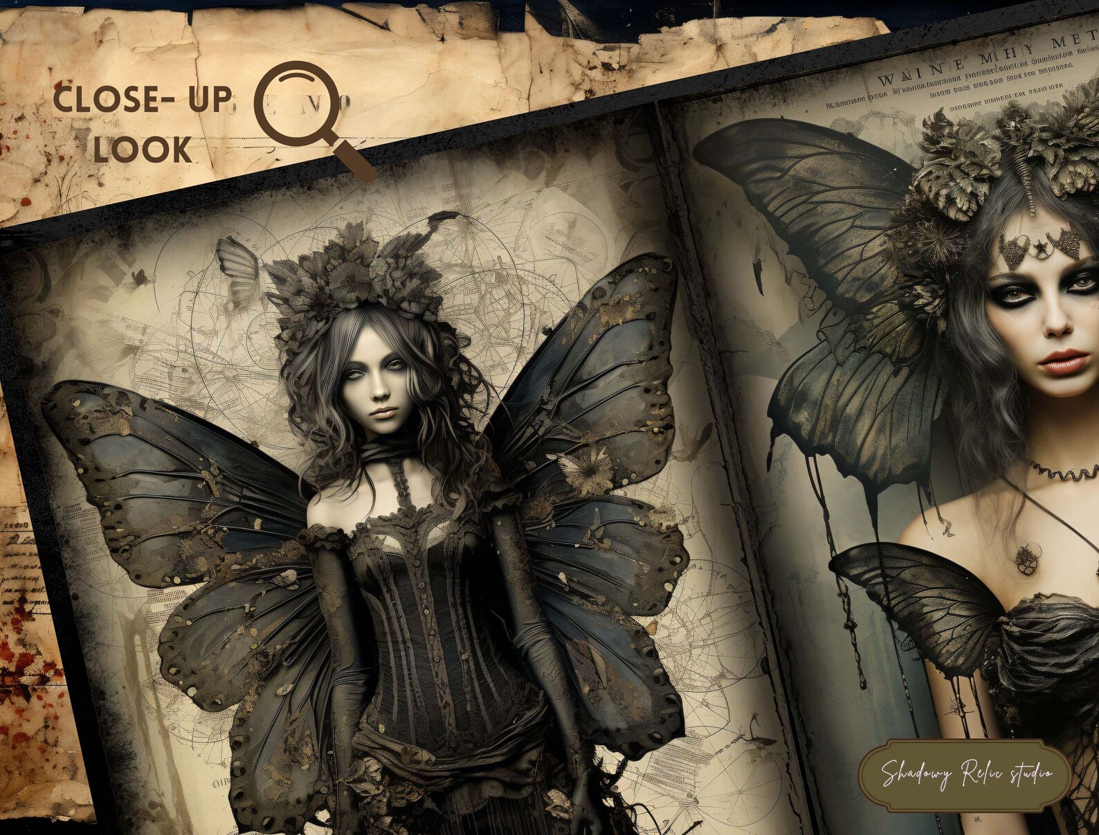 Gothic Moth Women Junk Journal Pages Dark Moth Butterfly Fantasy Junk Journal Kit Goth Digital ...