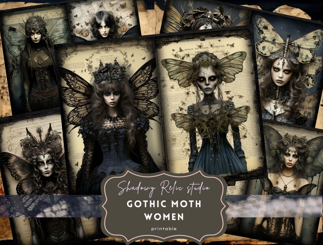 Gothic Moth Women Junk Journal Pages Dark Moth Butterfly Fantasy Junk Journal Kit Goth Digital ...
