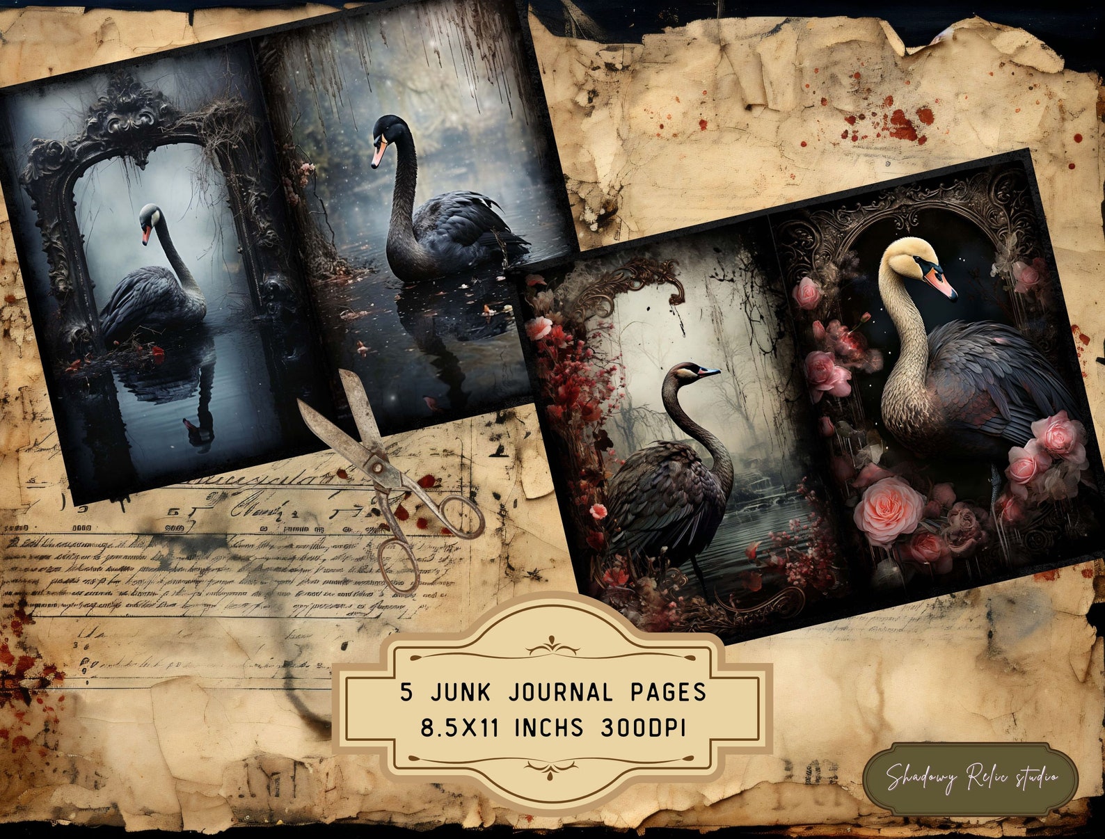 Gothic Swan Junk Journal Pages Gothic Collage Sheets Scrapbooking Cards ...