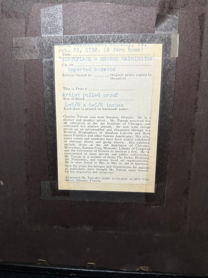 The "birth Place George Washington" by Charles Turzak Artist Proof Woodcut Print, Framed ...