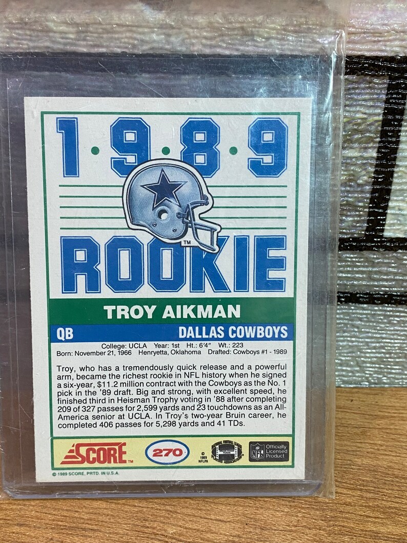Troy Aikman RC 1989 Score 270 Dallas Cowboys Rookie Card - Etsy