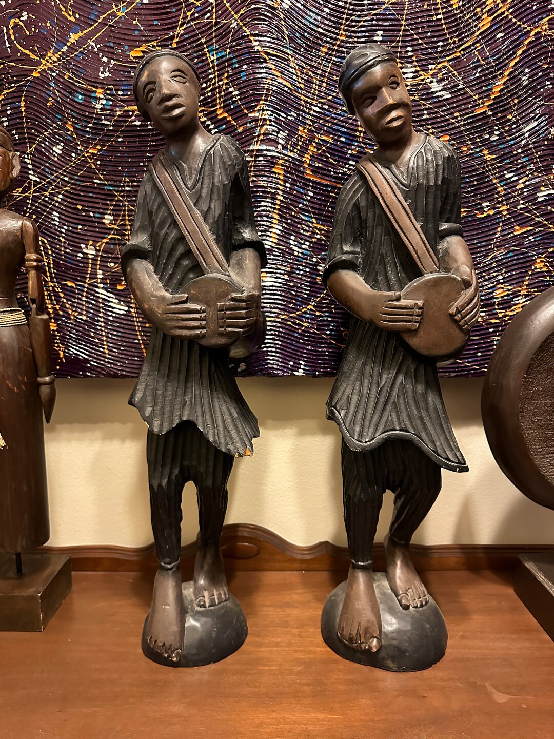 2x Vintage Large Wood Hand Carved African Tribal Mask Statues Figures ...