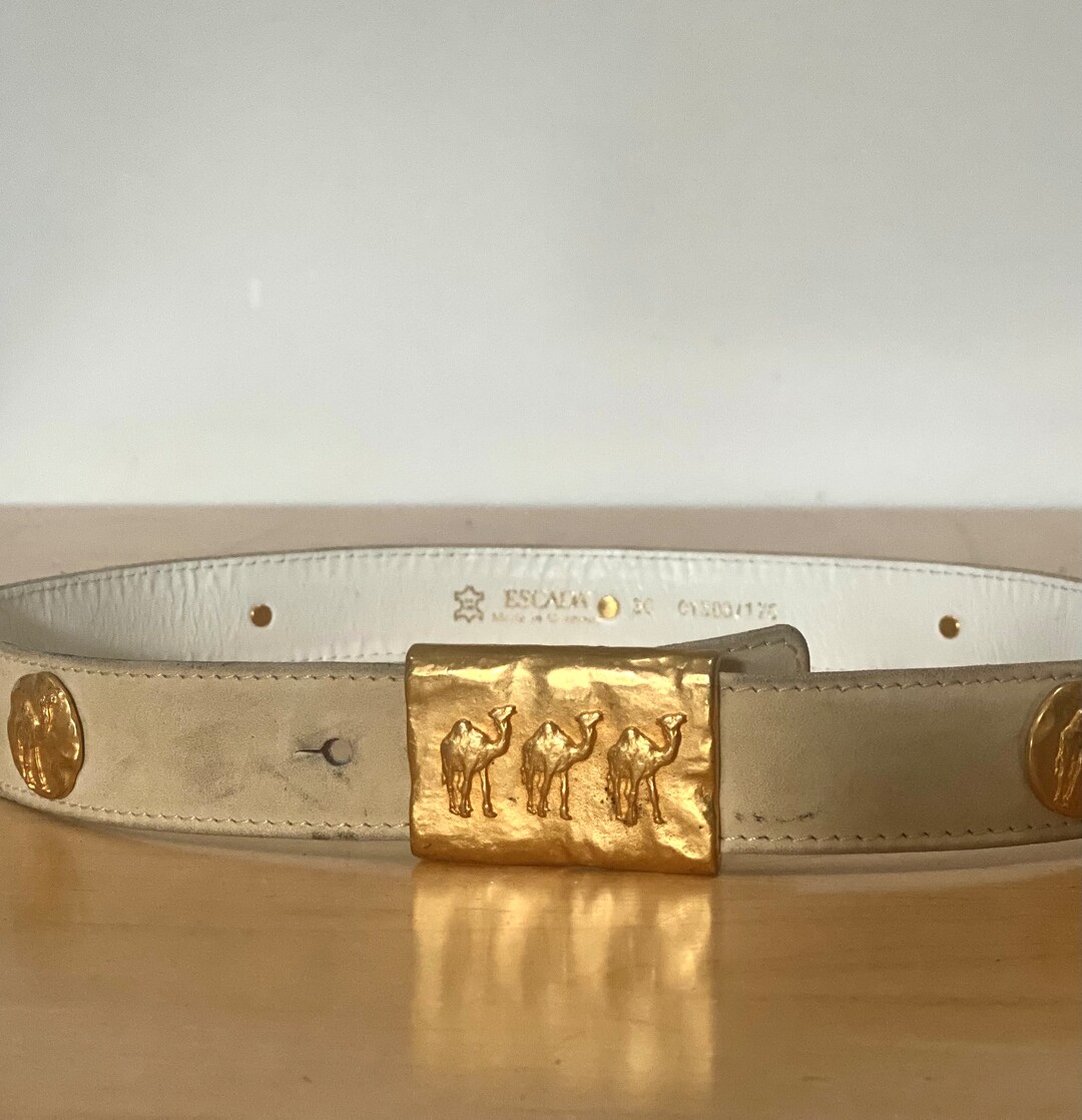 VINTAGE 80s ESCADA Seven Camel Gold Leather Statement Belt MINT Size 36 ...
