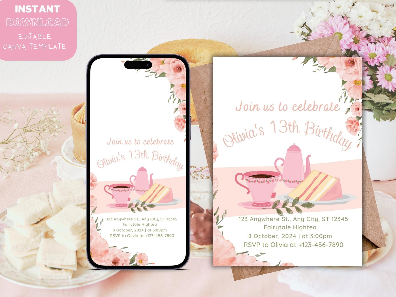Pastel Pink High Tea Birthday Invitation Mother's Day, Party, Editable ...